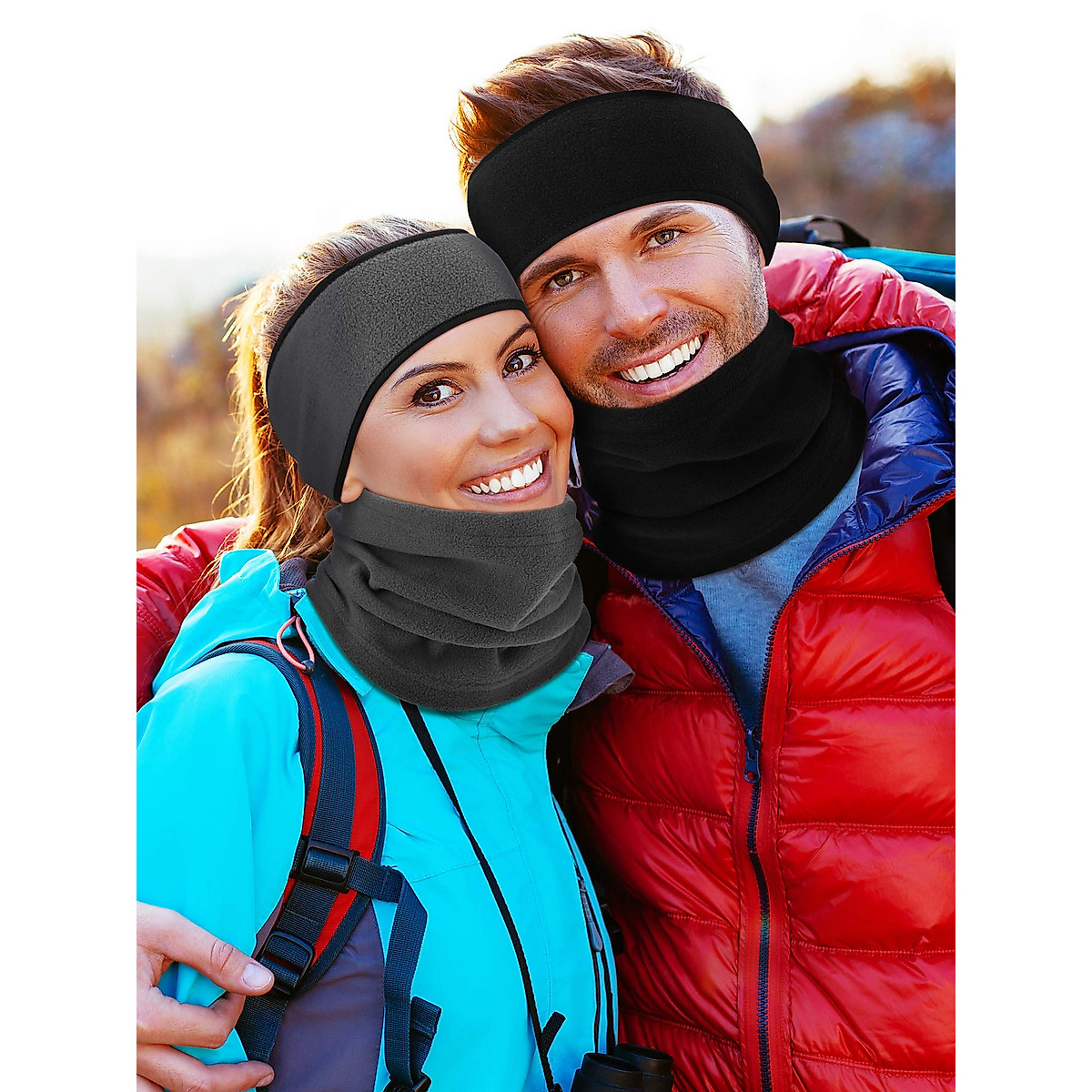 9 Pcs Unisex Winter Accessory Set Include Fleece Ear Warmers Headband Earmuff Winter Neck Gaiter Touchscreen Knit Gloves(Black, Navy Blue, Grey)