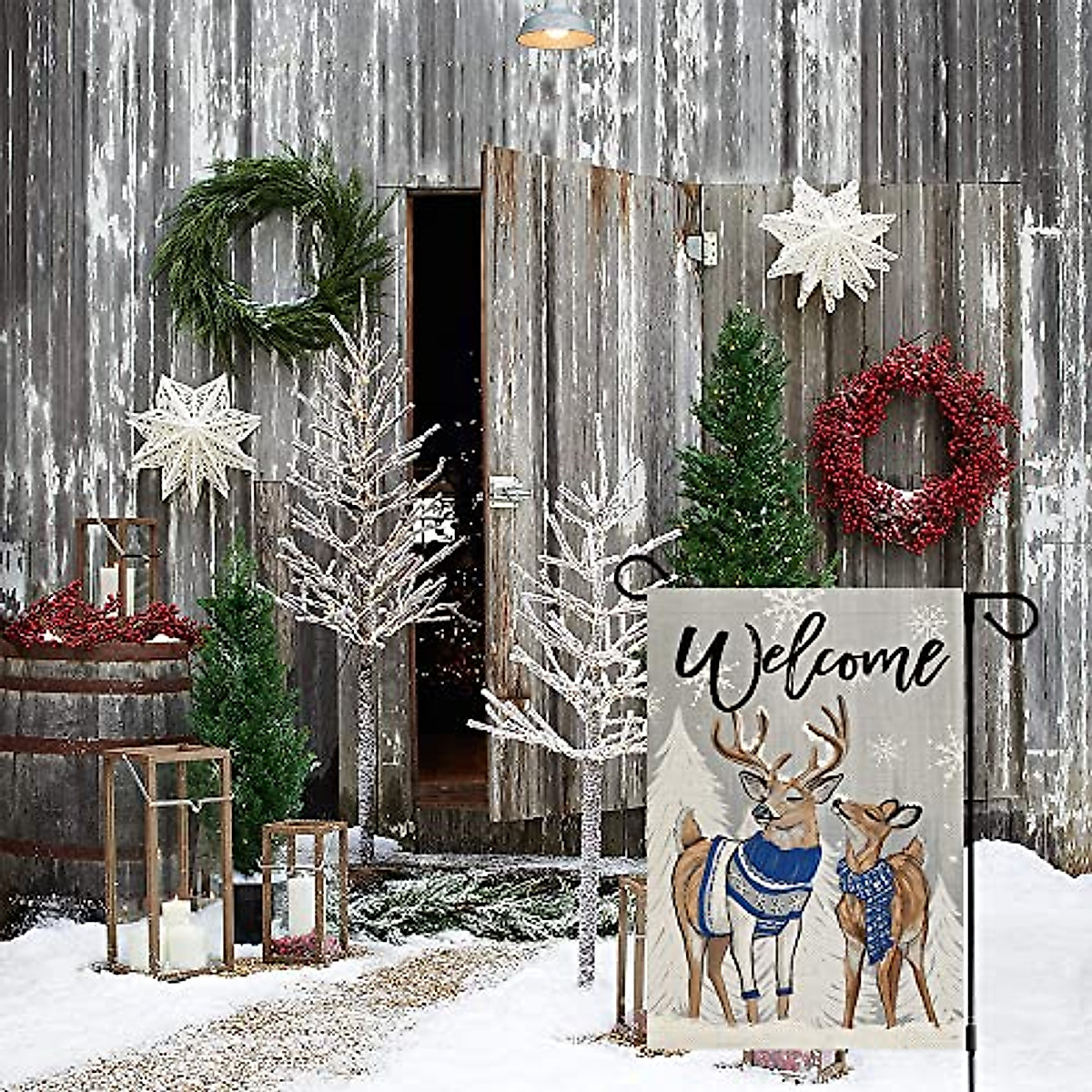 CROWNED BEAUTY Winter Garden Flag Reindeers for Outside, 12x18 Inch Double Sided Small Welcome Yard Outdoor Decoration CF696-12