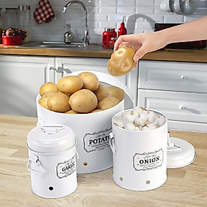 Suwimut Set of 3 Vegetable Storage Tins, Metal Potato Onion Garlic Storage Bin, Kitchen Canisters Vegetable Fresh Keeper Garlic Container Onion Keeper Potato Bin with Aerating Holes and Lid