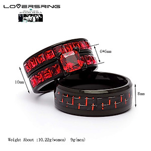 LOVERSRING Two Rings His and Hers Couple Ring Bridal Set His Hers 3pc Women Black Gold Filled Red Cz Man Stainless Steel Wedding Ring Band Set