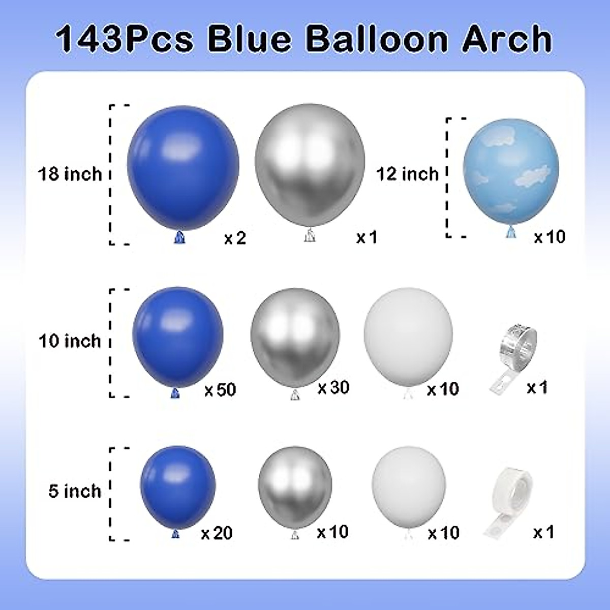 Sky Blue Cloud Balloon Arch Garland Kit-143Pcs Blue Balloon Silver Balloons White Balloon for Baby Shower Summer Party Birthday Father's Day Gender Reveal Decoration