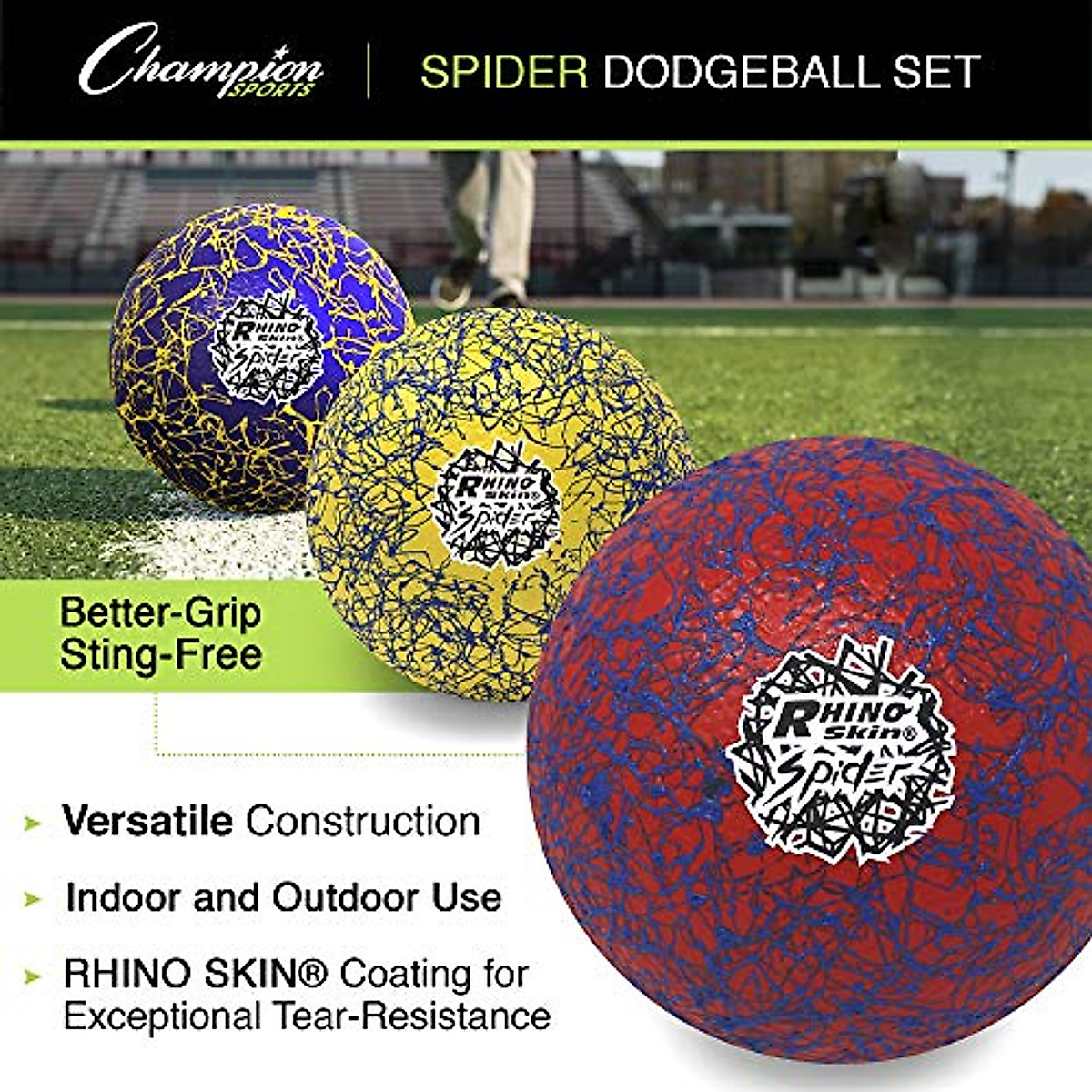 Champion Sports Premium Rhino Skin Extreme Color Dodgeballs - Glow in the Dark, Color-Changing, and Spider Grip - Low Bounce Dodgeballs