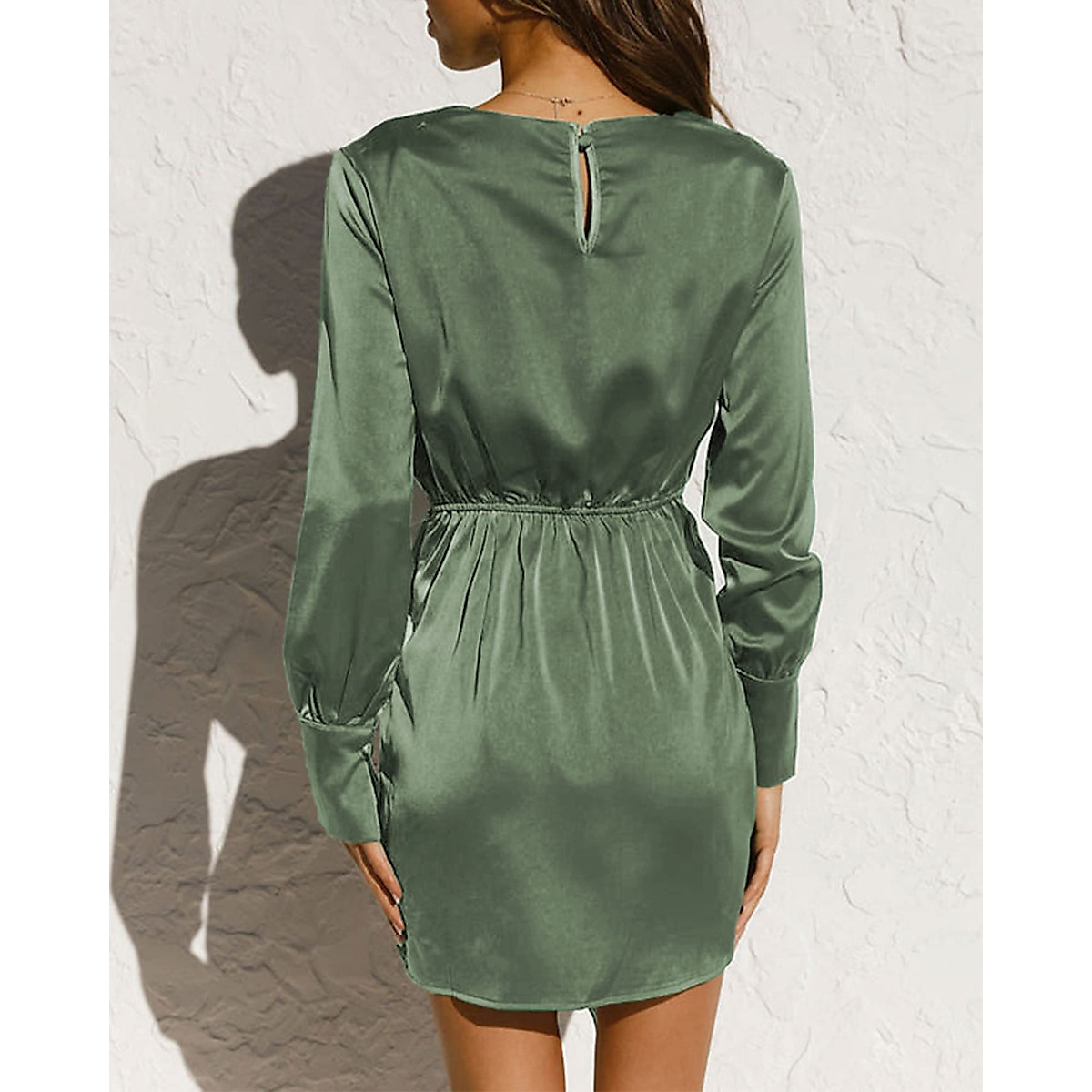BTFBM Women Casual Long Sleeve Ruched Wrap Dress Crew Neck Tie Waist Short Dress Solid Color Mini Dress Satin Cocktail Dress(Solid Army Green,Large)