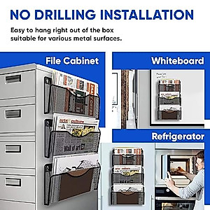 LQPAFZ Magnetic File Holder 3 Pockets File Folder Organizer, Office Hanging Magazine Rack for Refrigerator, White Board, No Drilling Paper Document Holder Mail Organizer for File Cabinets