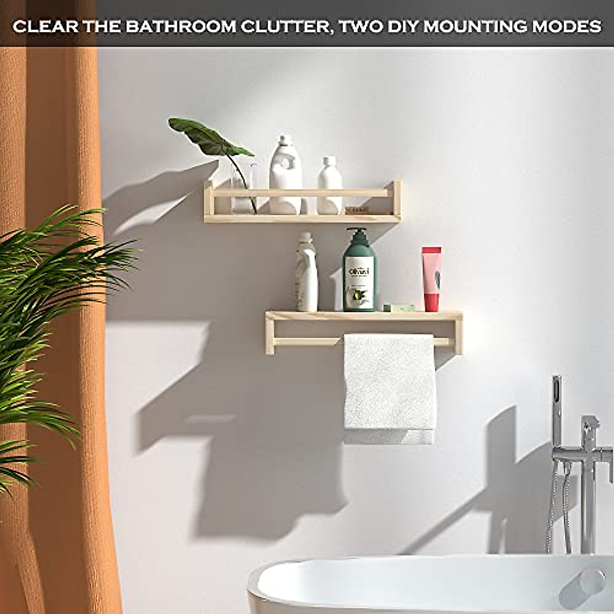 Classic Nursery Shelves, Set of 2 Natural Wood Floating Book Shelves for Kids Room, Wall Shelves for Bathroom Decor, Kitchen Spice Rack, Book Shelf Organizer for Baby Nursery Décor (16.5Lx4W)