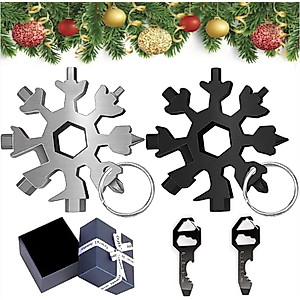 OOYCYOO 2 Pack Snowflake 18-in-1 Multi Tool, Christmas Stocking Stuffers for Men Women,Stainless Steel Snowflake Key Chain Tool Flat Phillips Screwdriver Kit,Great Christmas gift (Black,Silver)