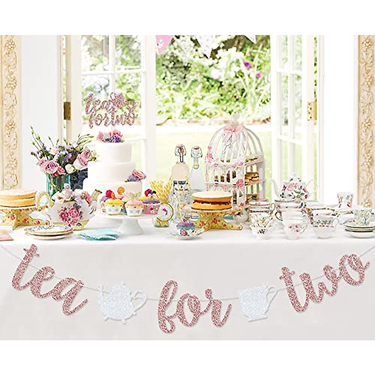 Tea for Two Rose Gold Glitter Banner Sign Garland With Teapot Teacups Pre-strung & Tea for Two Cake Topper for 2nd Second Birthday Tea Party Decorations