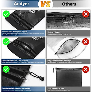 Upgraded Two Pockets Fireproof Document Bag (2000℉), andyer 15”x 11”Waterproof Fireproof Money Bag with Zipper, Waterproof Holder Pouch Fire Safe Bag for Valuables, Legal Documents (Jet Black)