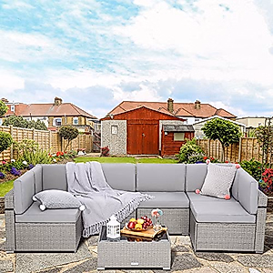 Pamapic Patio Furniture Set, 7 Pieces Modular Outdoor Sectional,Wicker Patio Sectional Sofa Conversation Set, Rattan Sofa with Coffee Table and Washable Cushions Covers, Grey Rattan(Grey Cushions)