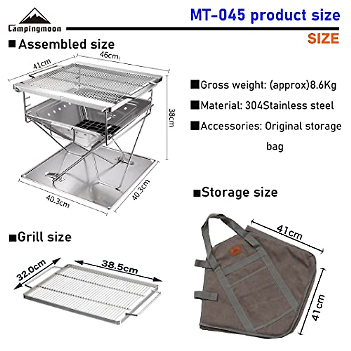 Campingmoon BBQ Grill Fire Pit Foldable Stainless Steel - Large MT-045