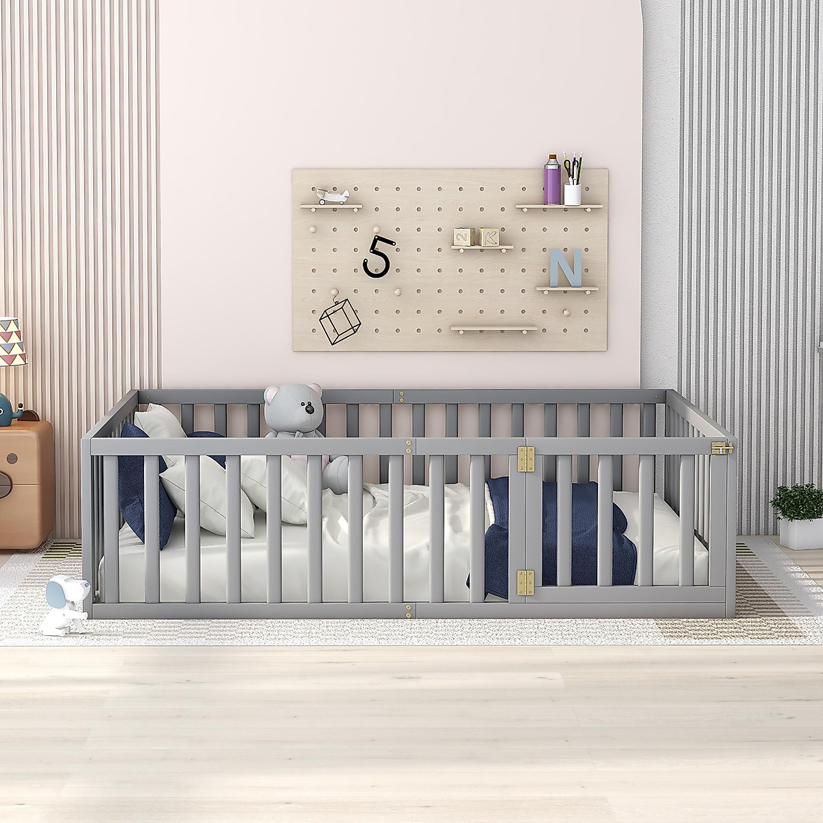 Harper & Bright Designs Full Floor Bed for Kids, Montessori Bed Frame with Guardrails and Door, Wooden Floor Full Bed for Kids, Boys Girls (Full Size, Gray)