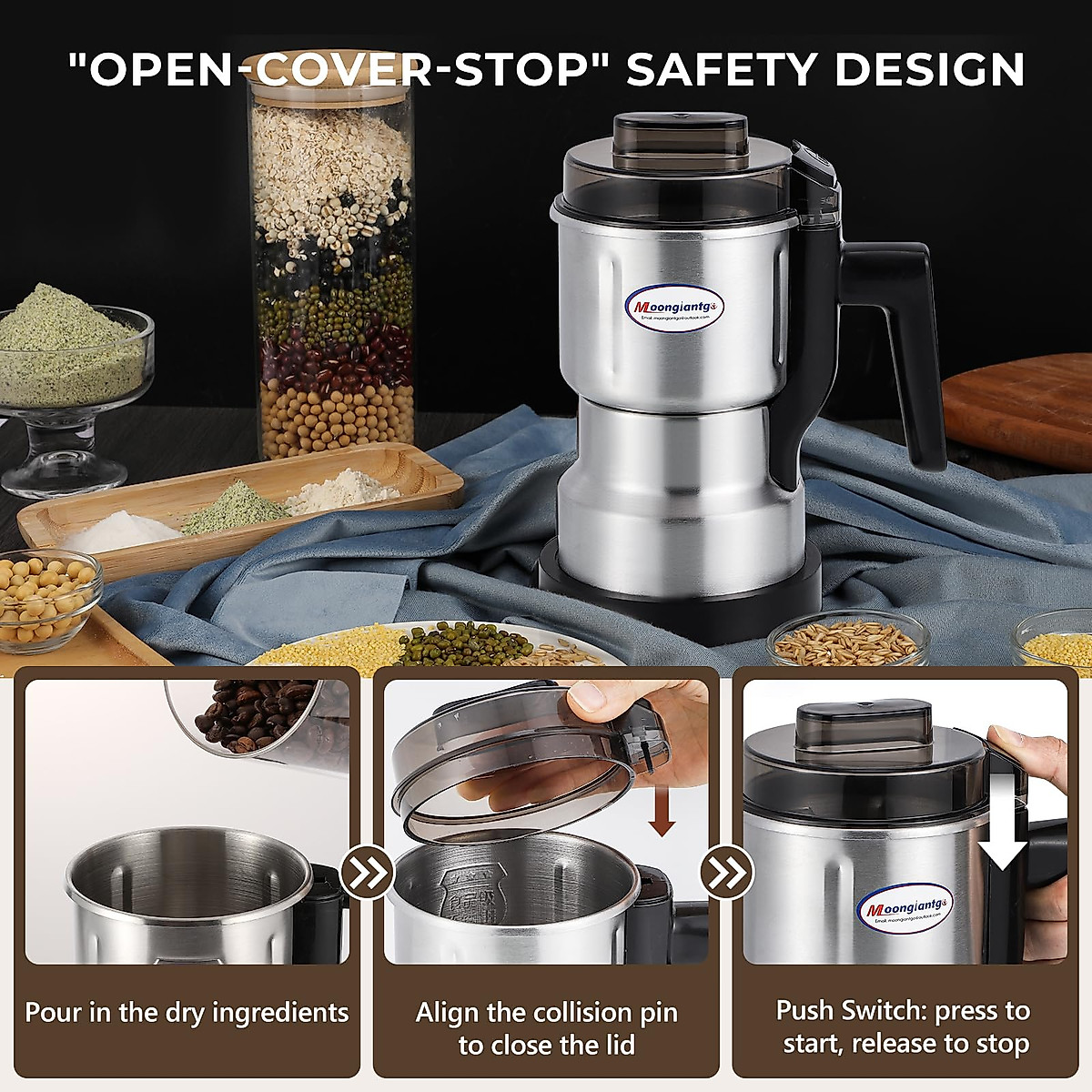 Moongiantgo Coffee Grinder Electric, 250W Mini Spice Grain Mill, 200ml Capacity Dry Grinding Machine with Small Brush, Stainless Steel Blade, for Spices Seeds Rice Beans Seasonings, 110V