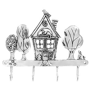 Basic Spirit Handcrafted Home Sweet Home Pewter Hanger for Wall with 4 hooks (use for keys, aprons, pot holders, hand towels, robes, jackets, more)