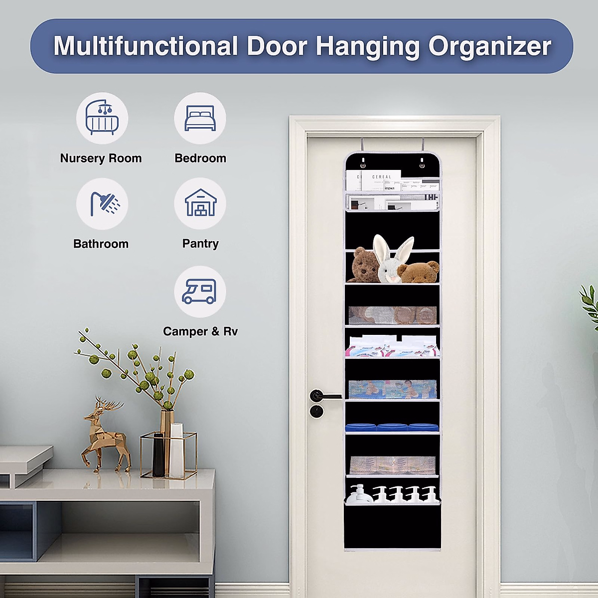 SHALORY Over Door Hanging Organizer,5-Shelf and 4 Side Pockets with Velcro Stickers Secure Heavy Duty Organization for Bedroom Pantry Nursery Cosmetics Clothes Toys and Diapers