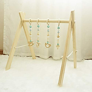 Cynzia Baby Play Gym, Wooden Baby Gym with 4 Infant Toys, Foldable Wood Gyms Frame Hanging Bar for Toddler, Newborn, Baby Girls and Boys Shower Gift Play Toys