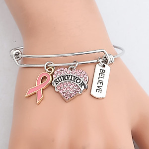 Gzrlyf Stainless Steel Bangle, Survivor Bracelet for Breast Cancer Awareness, Pink Heart Charm