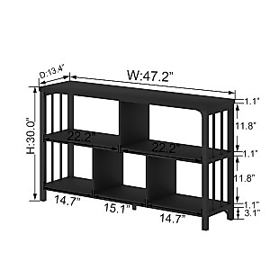 IBF Horizontal Cube Book shelf, Industrial Modern Open Bookshelf, Low Wide Home 5 Cube Storage Organizer Long Shelf for Bedroom, Short Wood and Metal Cubby Book Shelf for Living Room, Black Oak, 47 In