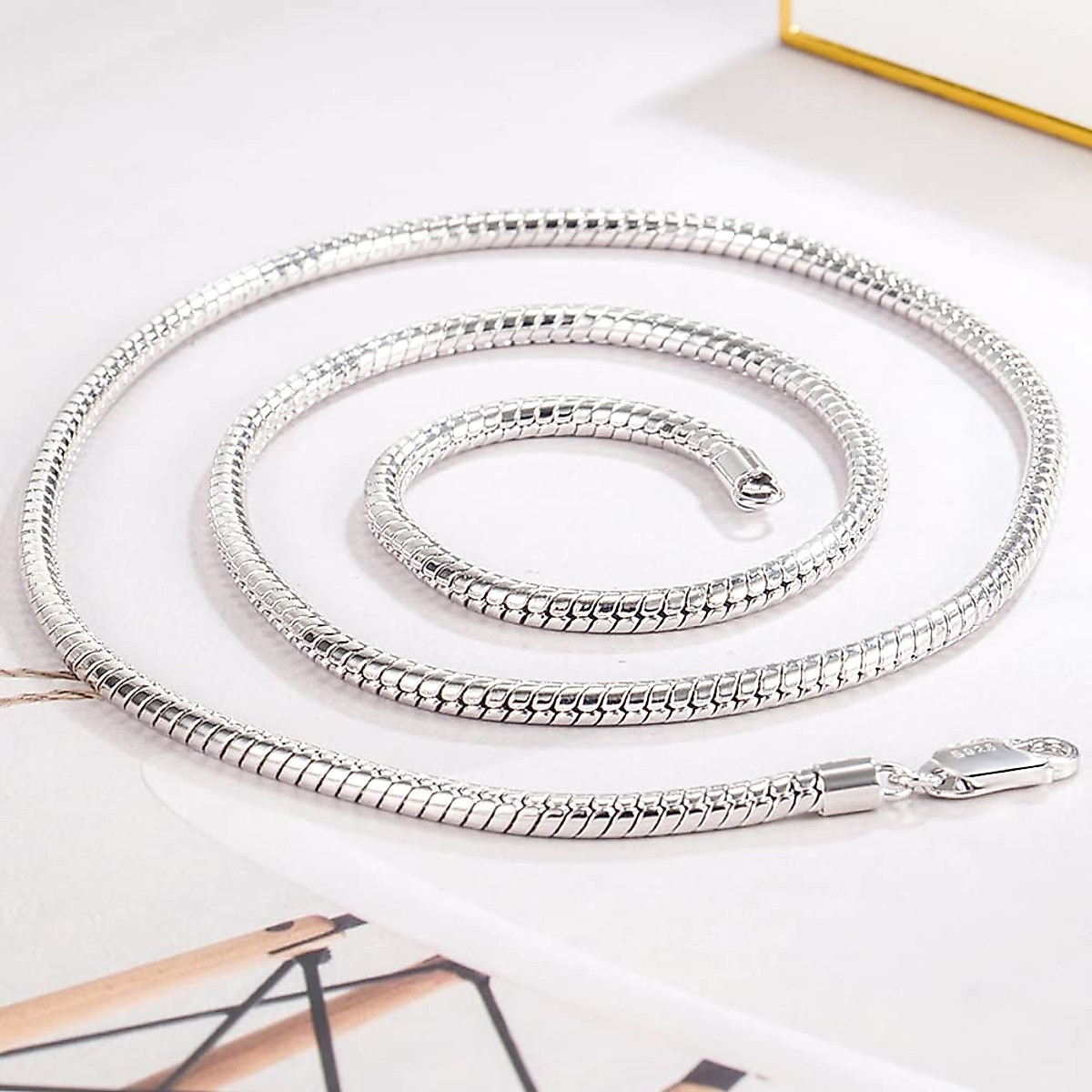 Meilanduo 925 Sterling Silver 3mm Round Snake Necklace, Delicate Dainty Snake Necklace, Sizes 18" to 30" Inch for Women & Men (28", Silver-Tone)