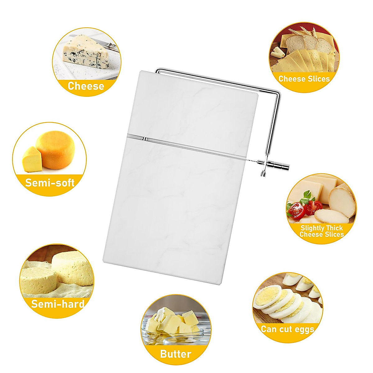 Cheese Slicer - Cheese Cutter with 5 Replacement Upgrade Thick Cutting Wires - Heavy Duty 5" x 8" Marble Board Cheese Slicer for Block Cheeses, Butter, Etc - Kitchen Gadget Cheese Slicer Tool - White