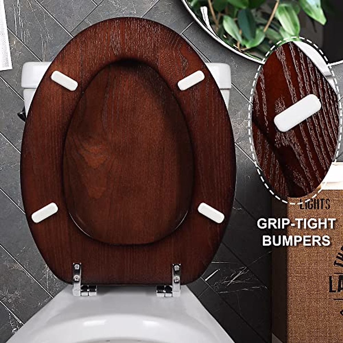 Angel Shield Durable Wood Veneer Natural Toilet Seat Metal Hinged Easy Clean Anti-scratch American Standard(Elongated,Dark Walnut)