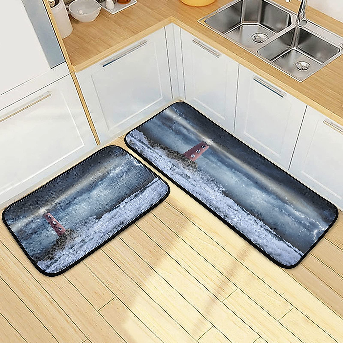 xigua 2 Pieces Stormy Landscape Lighthouse Kitchen Rugs and Mats Set Absorbent Soft Microfiber Bath Mat Non-Slip Kitchen Mat Doormat Runner Set, 19.7"x47.2"+19.7"x27.6"