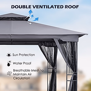 HAPPATIO 10' X 12' Patio Gazebo with Ventilation Double Roof，Outdoor Gazebo with Mosquito Netting for Lawn, Garden (Grey)