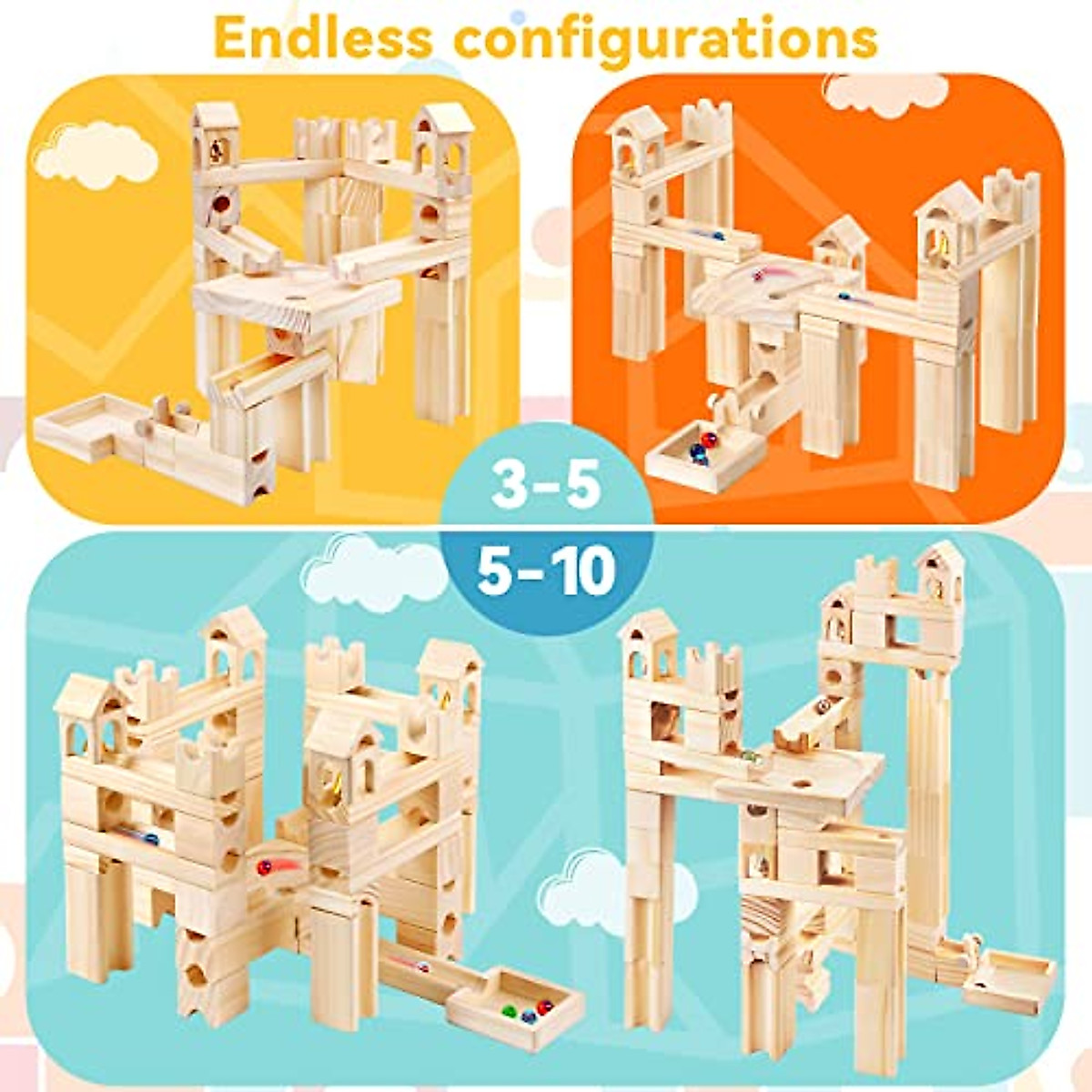 Wooden Marble Run for Kids Ages 4-8, 80 Pieces Wood Building Blocks Toys and Construction Play Set, Marble Track Maze Game STEM Learning Toys Gifts for Boys Girls (80pc Set)