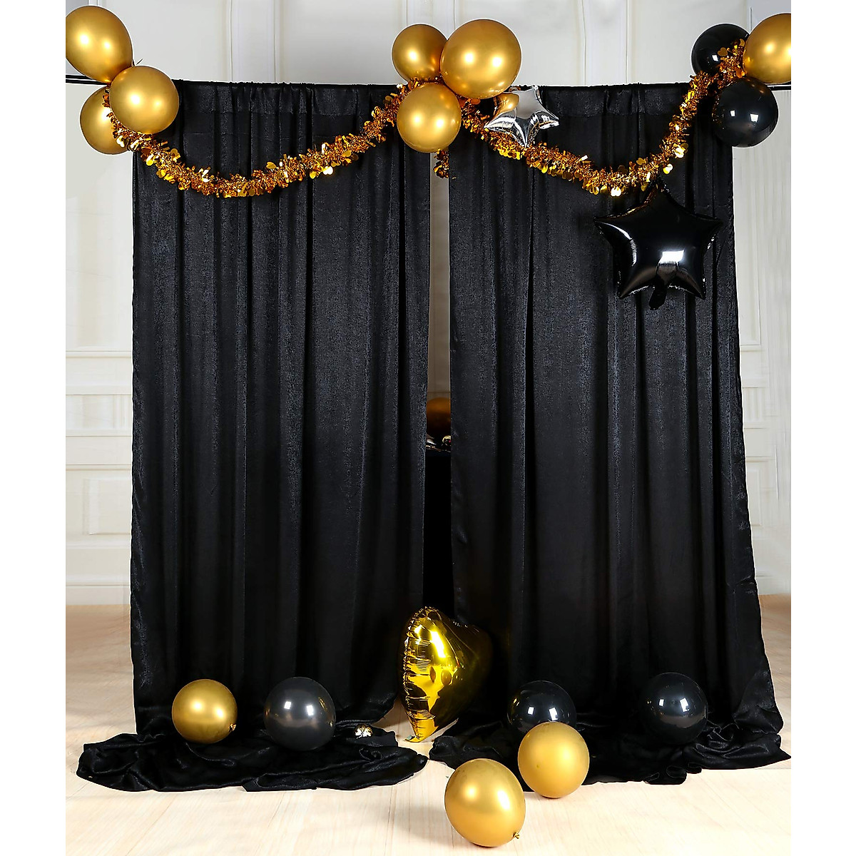 SHERWAY 9.6 Feet x 10 Feet Black Silky Soft Curtain Wedding Backdrop Drapes, Slightly Shiny Satiny Window Curtains for Party Ceremony Decoration