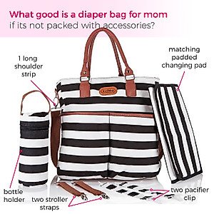 Kidnid Designer Baby Diaper Bag - Cotton Messenger Organizer Tote with Changing Pad, Black & White, 14-Inch
