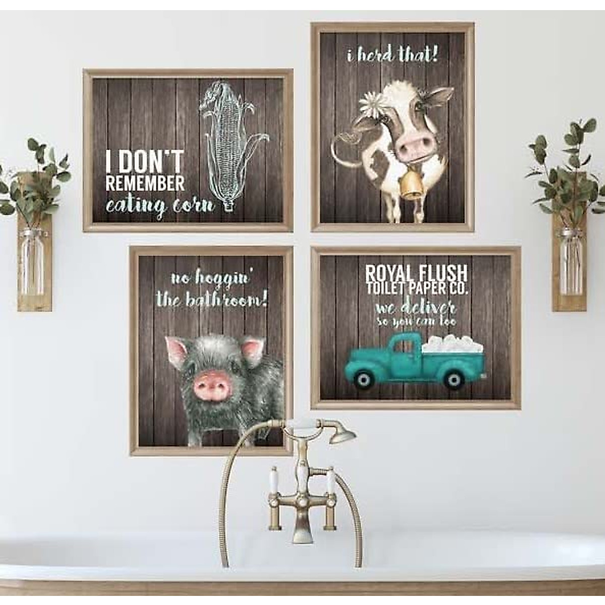 I Herd That! - Funny Farmhouse Bathroom Themed Decor Art Farm Rustic Wood Style Wall Prints Set Cow Pig Poster Signs Typography Cute Rules Toilet Paper Truck