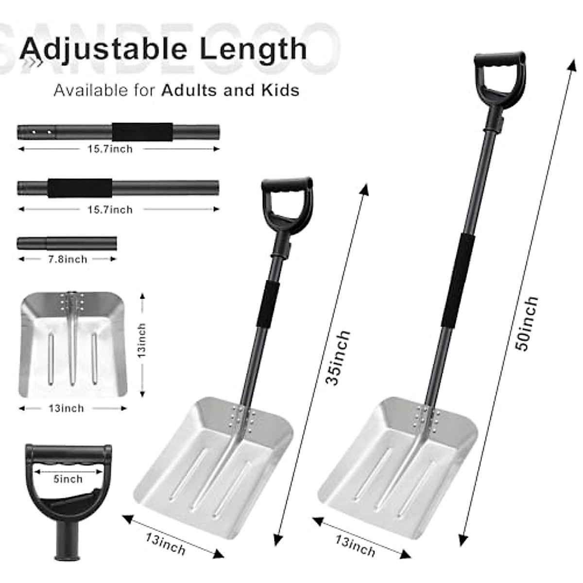 Aluminum Snow Shovel for Snow Removal, 55 inch Long 10.3” Wide Heavy Duty Snow Shovel for Driveway,Lightweight Emergency Shovels with D Grisp Handle for Car,Walkway,Decking,Collapsible Scoop