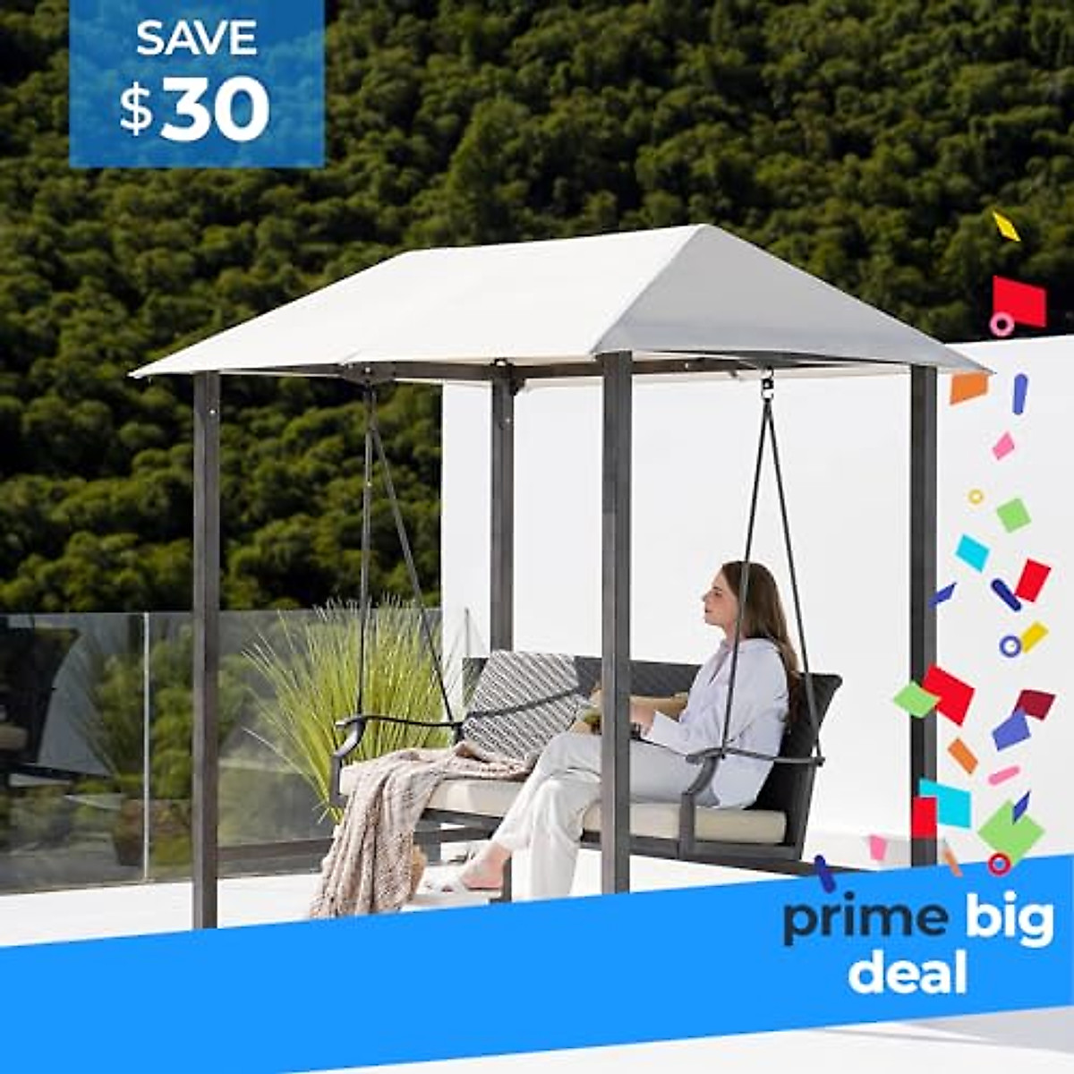 Grand Patio Outdoor Porch Swing 3-Seat with Canopy, Removable Olefin Cushion for Garden, Backyard, Poolside, Weather Resistant Woodgrain Finish Steel, Beige