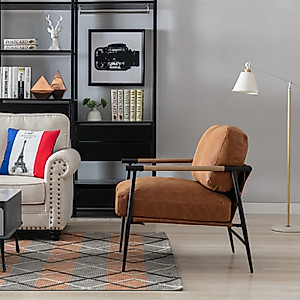 Ya-Home Mid-Century Accent Chair, Soft Armchair PU Leather Lounge Chair with Black Metal Legs, Upholstered Leisure Chair for Living Room Bedroom Reception Room, 1PC, Brown