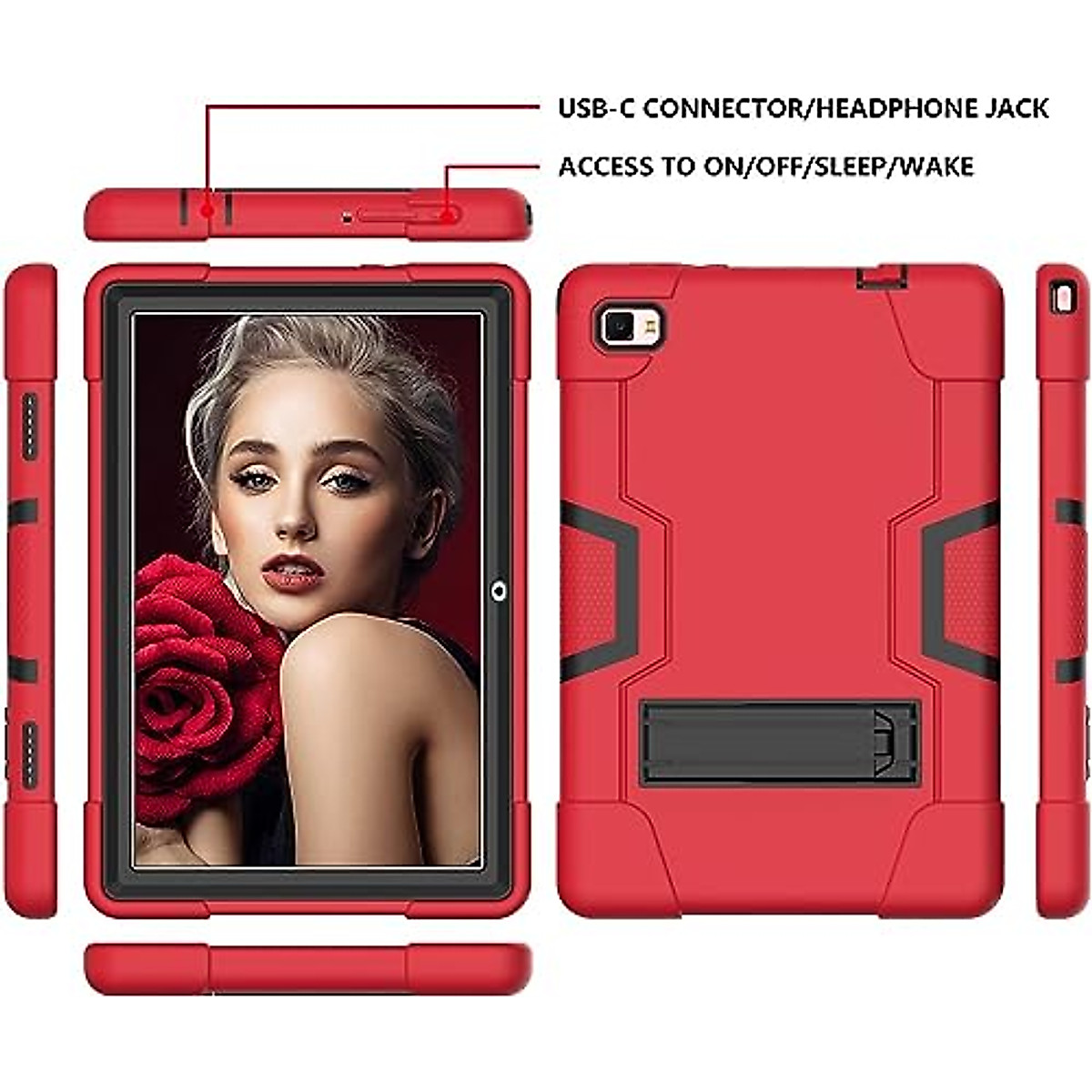 Kebiory Shockproof Rugged Hybrid with Screen Protector Cover for Dragon Touch 102/Blackview Tab 7/7 Pro/OSCAL Pad 10 Tablet/TECLAST P30S/M40 Plus/M40S/M40 PRO/P20S/P20HD/P40HD (Red/Black,2 Pack)