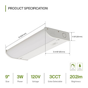 ASD LED Under Cabinet Lighting, 9 inch 3W 202 LM, Dimmable Hardwired Under Cabinet Lights for Kitchen, 3000K Soft/4000K Cool/5000K Daylight, Under Counter Light Fixtures, ETL Energy Star White Finish