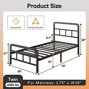 Lutown-Teen 12 Inch Twin Bed Frames with Headboard and Footboard, No Box Spring Needed, Heavy Duty Metal Mattress Foundation, Noise Free, Easy Assembly, Black