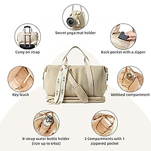 MOIY Gym bag for women with shoe compartment, Water proof weekender bags for women travel, Carry on bags for airplane, Neoprene travel bag, Yoga mat bag, Travel tote with luggage sleeve (Beige)