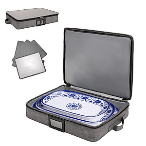 Platter Storage Case, China Storage Containers, Hard Shell and Stackable, 17'' x 13 inchs'' With Waterproof Inside - 4 Felt Dividers Included (Gray)