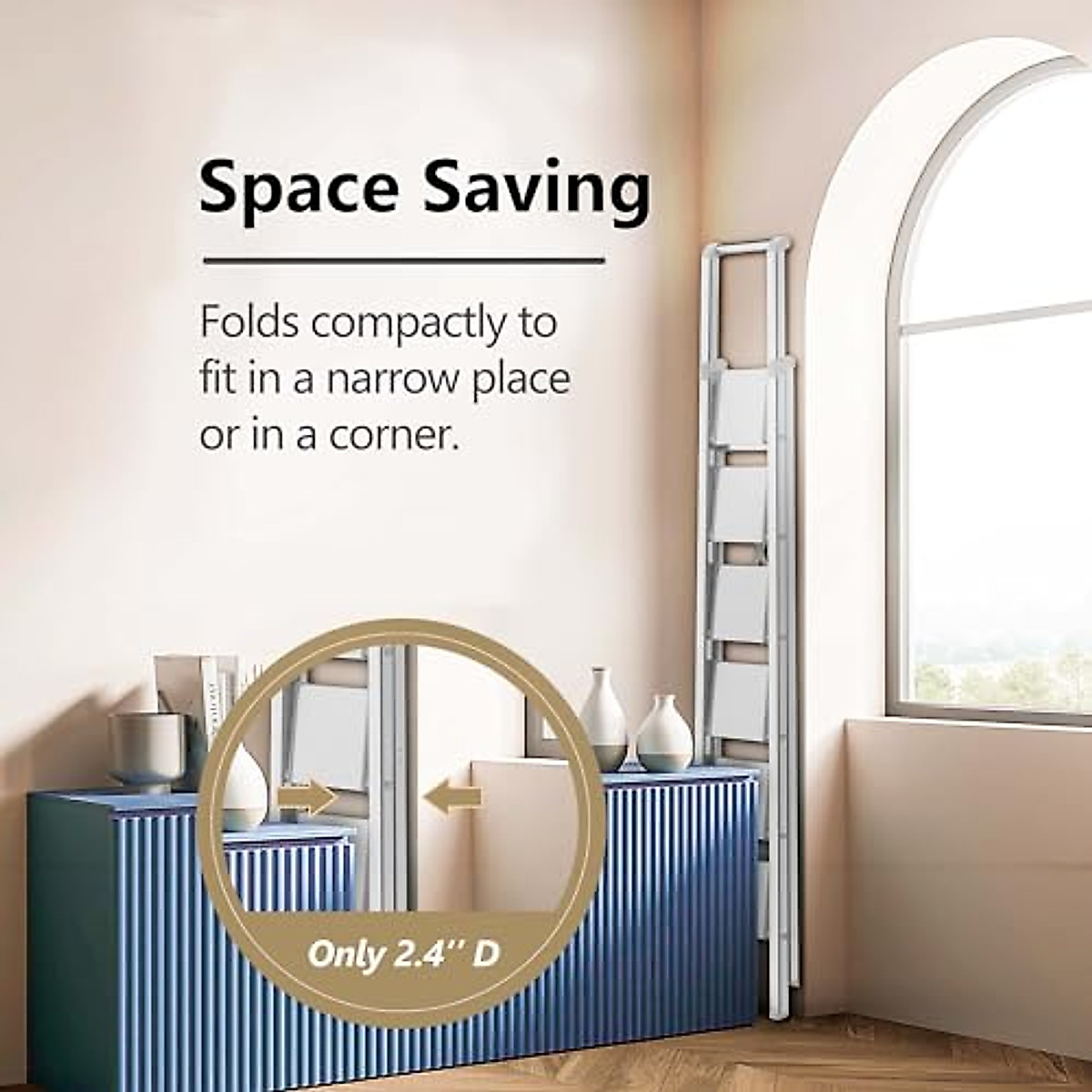 6 Step Ladder for 12 Feet High Ceiling, Lightweight Aluminum Folding Step Stool with Convenient Handgrip, Stepladders with Anti-Slip and Wide Pedal for Home and Kitchen Use Space Saving - Silver