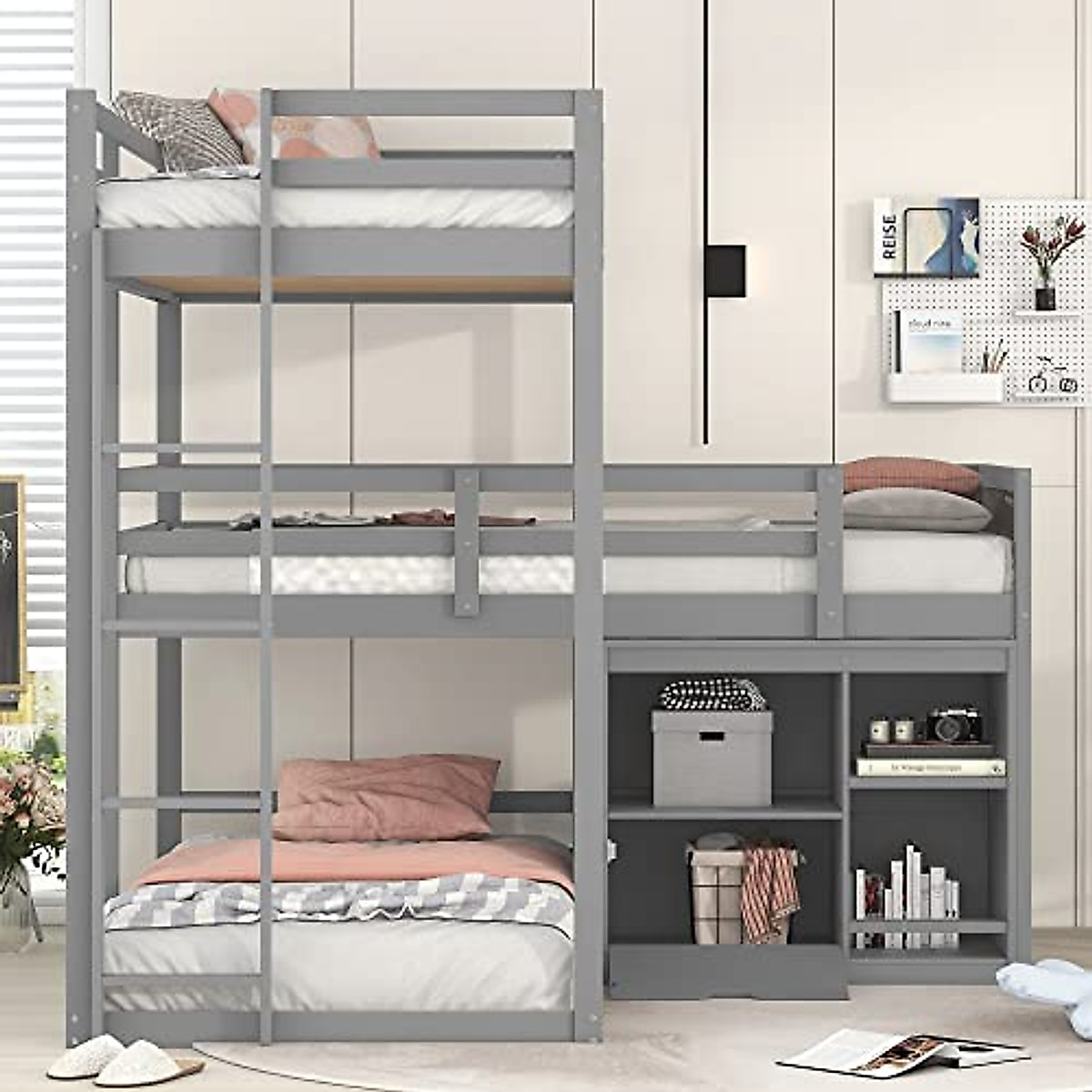 Eafurn L-Shaped Bunk Beds for 3,Twin Size Triple Bunk Beds with Storage Cabinet and Blackboard,Solid Wood Floor Bunk Bed for Kids Teens Adults