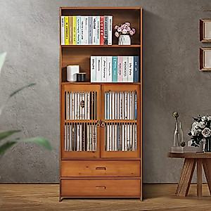 MoNiBloom Bookshelf with 2 Storage Shelves and 2 Drawers, Traditional Freestanding Storage Cabinet with Louvered Doors for Living Room Study Room, Brown