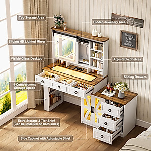 HNEBC Farmhouse Makeup Vanity Desk with Sliding Mirror and Lights,40" W Glass Tabletop Vanity Table with Charger,LED Vanity Set with Jewelry Armoire,6 Drawers,10 Shelves,Adjustable Cabinet