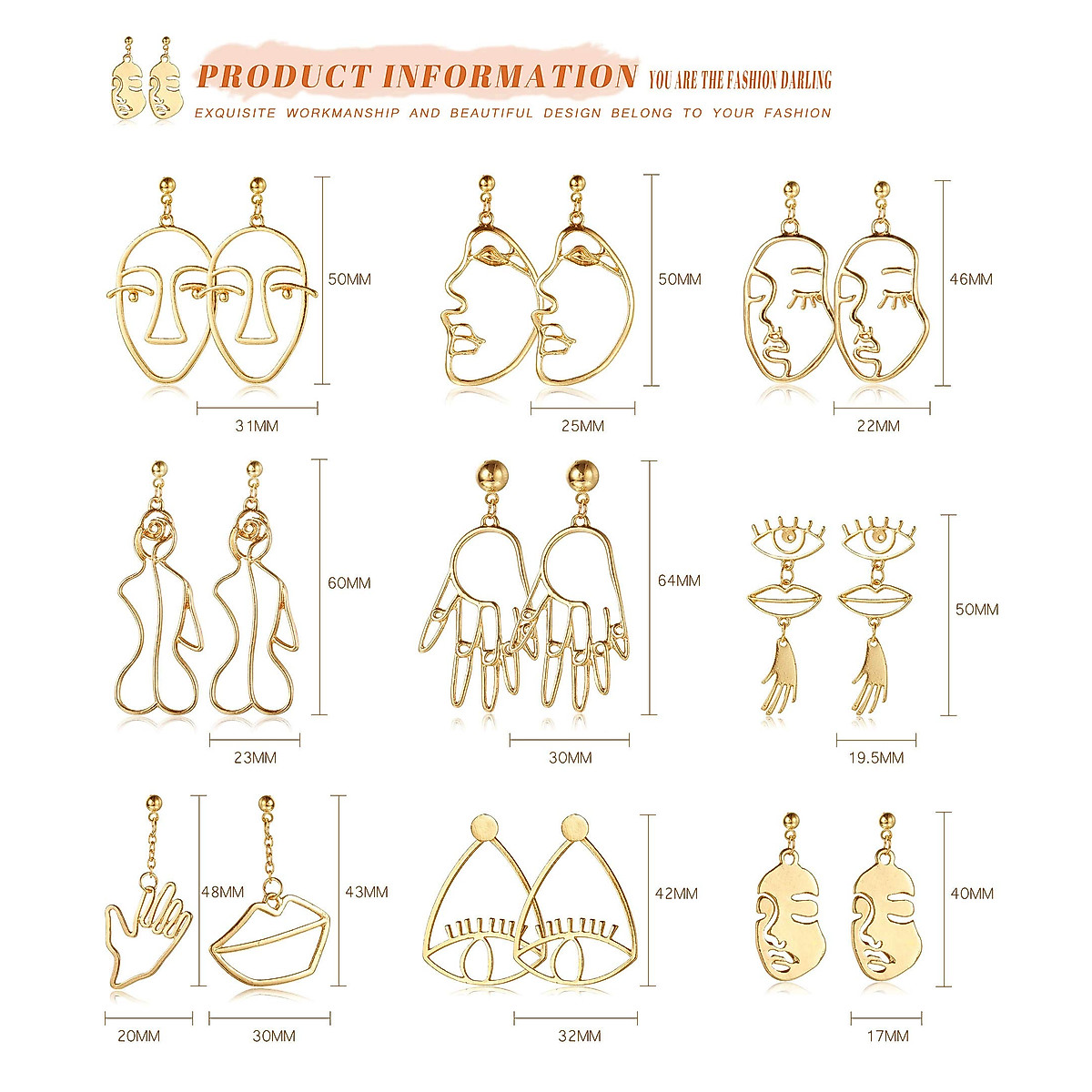 YADOCA 9 Pairs Face Hand Earrings for Women Hollow Statement Geometric Fun Abstract Art Earrings