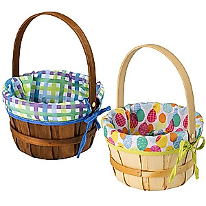 JOYIN 2 Pcs Easter Natural Woven Woodchip Basket with Lining, Easter Wicker Wooden Eggs Basket with Handle for Picnic, Gift Packing, Storage and Decor