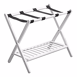 Zoopolyn Luggage Rack with Storage Shelf for Guest Room Folding Suitcase Bamboo Stand Hotel Bedroom White
