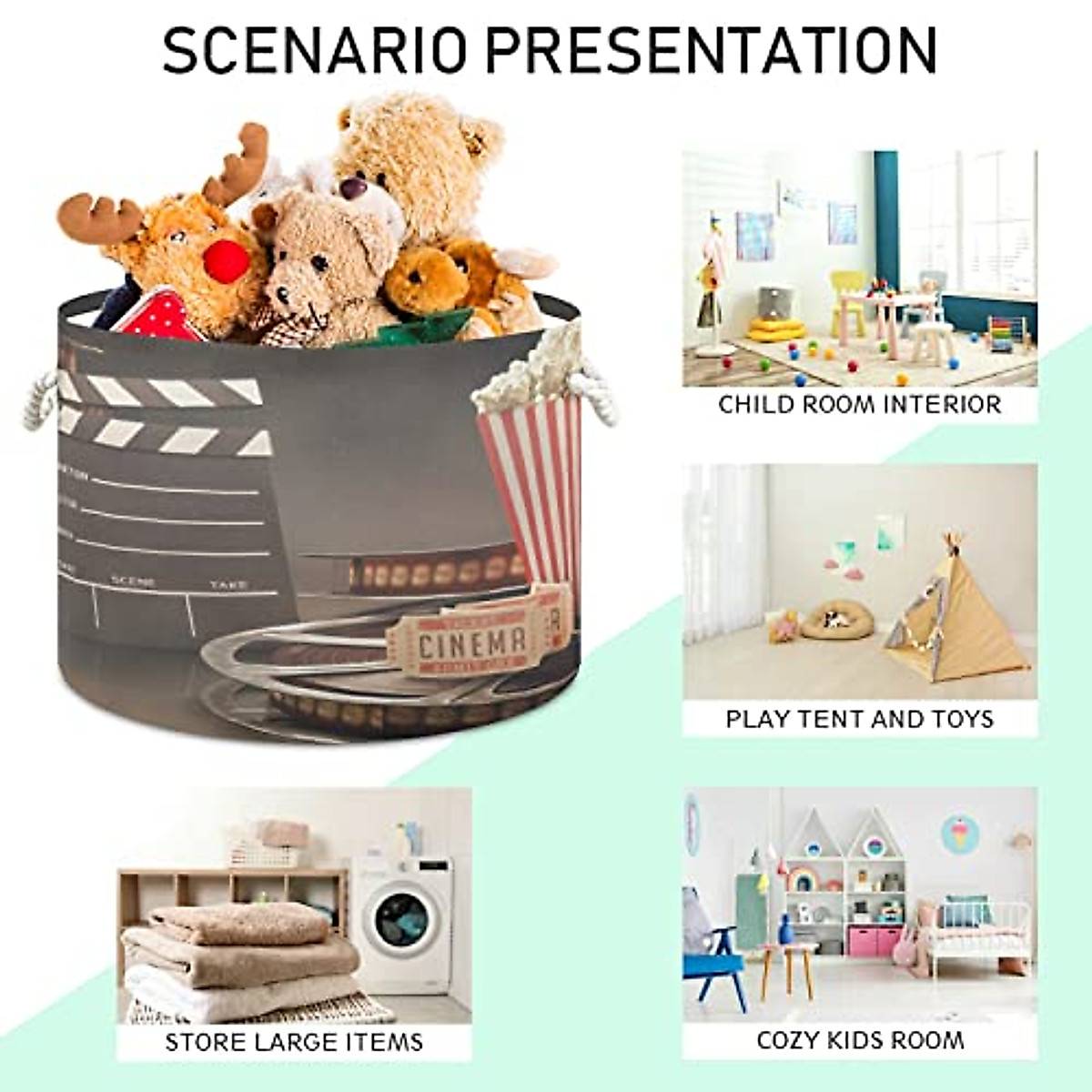 xigua Movie Theater Popcorn Round Storage Basket Collapse Canvas Fabric Storage Bin with Cotton Handles for Organizing Home/Kitchen/Nursery/Office/Toy