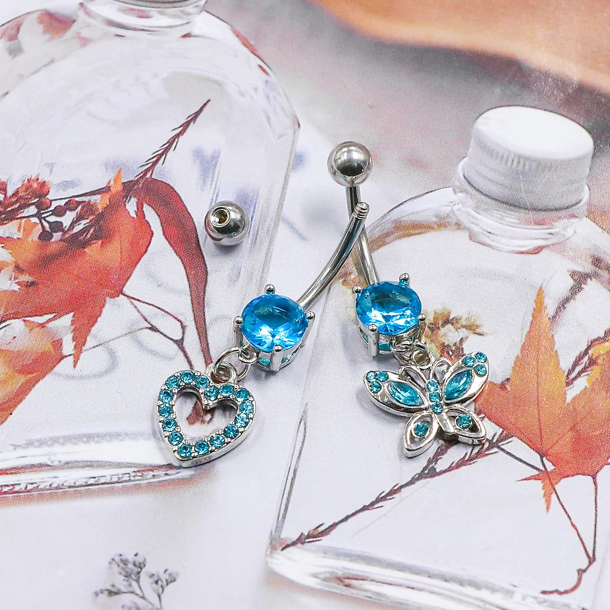 FLOGWE 2PCS 14G Belly Button Ring 316L Surgical Steel Heart Butterfly Pendant Belly Button Ring CZ Body Piercing Jewelry for Women