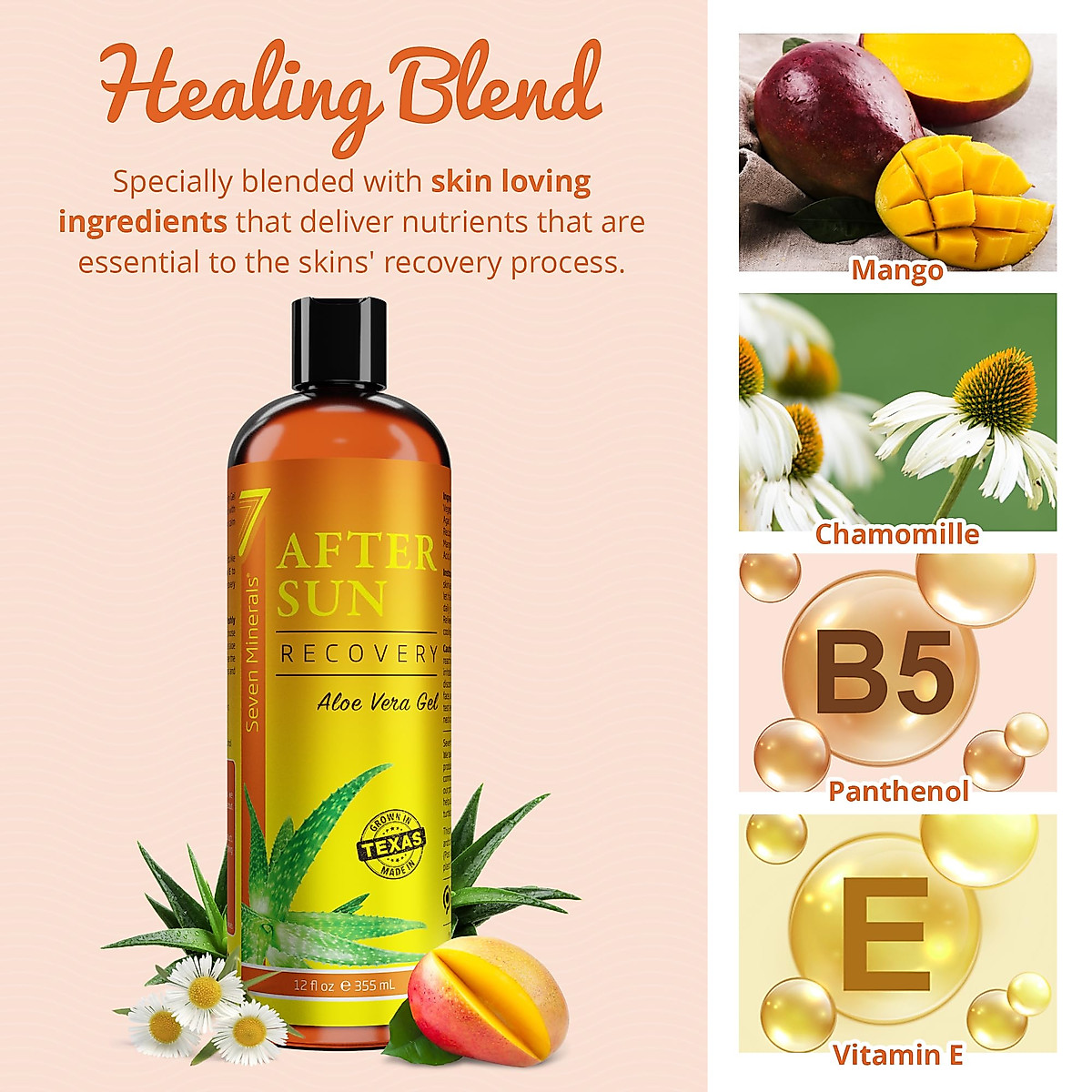 Seven Minerals NEW Recovery After Sun Gel with Aloe Vera - For Skin with Instant Sunburn Relief. Unlike Regular Aftersun Lotion, Ours Is Made From Texas Aloe. With Mango & Chamomile (12 Fl Oz)