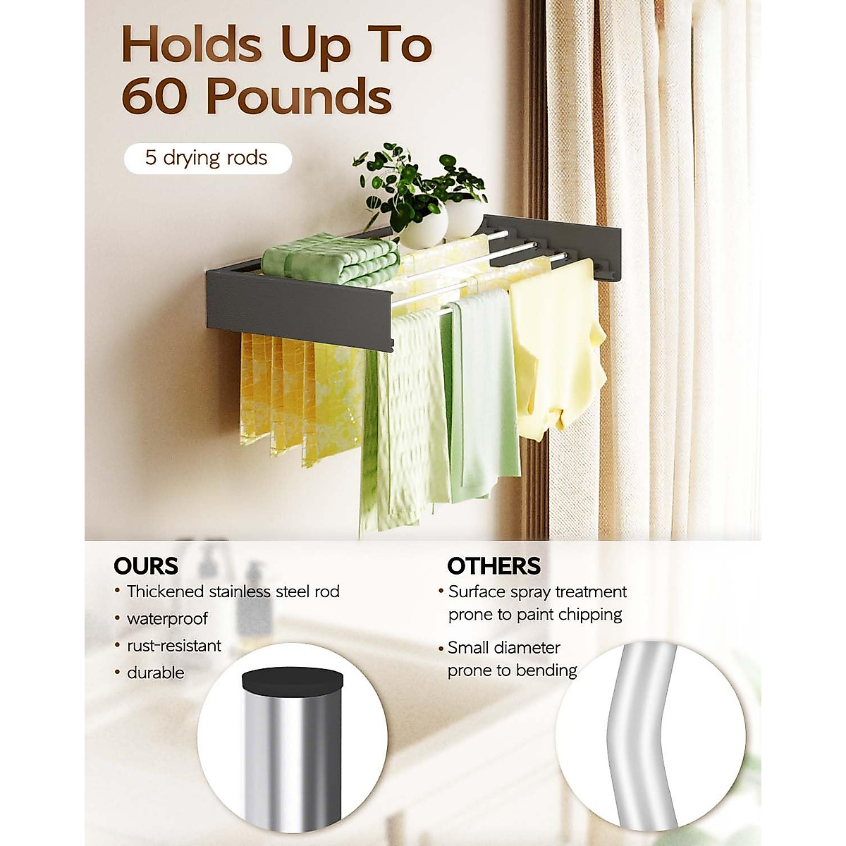 Vikaqi Clothes Drying Rack Wall Mounted, 32" Drying Rack Clothing Retractable, Laundry Drying Rack Space Saving, Collapsible Drying Racks for Laundry Folding Indoor Outdoor, 5 Rods, Black