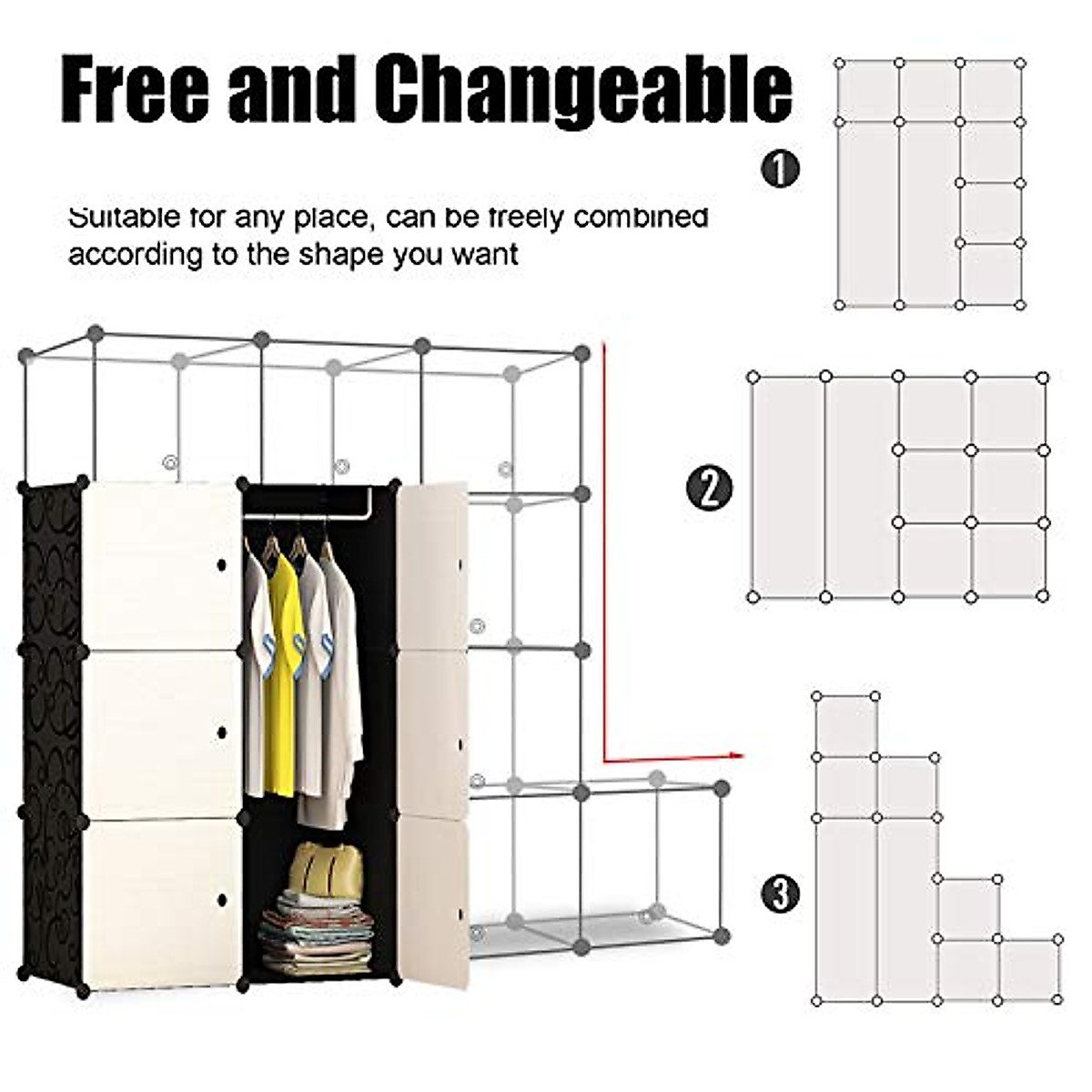 DWLOMHE Portable Cabinets Storage, Plastic Storage Shelf 16 Cubes Organizer DIY Furniture,Storage Organizer with Doors,with 3 Clothes Rails